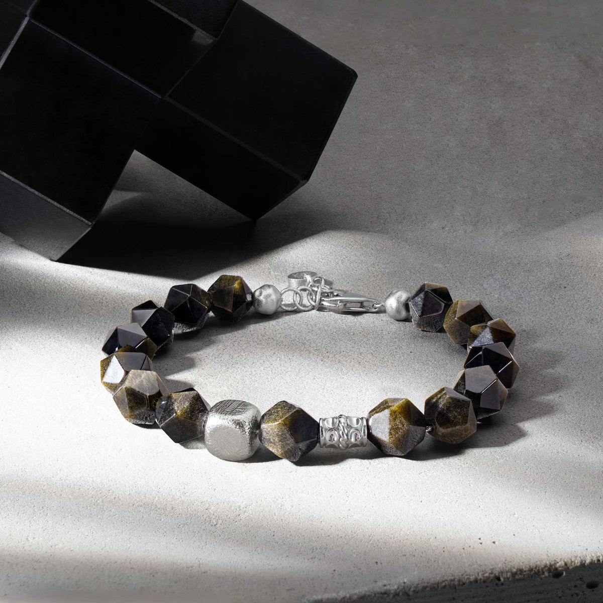 Men's Golden Obsidian & Swedish Meteorite Bracelet with Saturn Ring